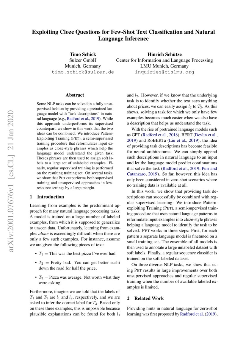 Exploiting Cloze Questions for Few-Shot Text Classification and Natural Language Inference | DeepAI