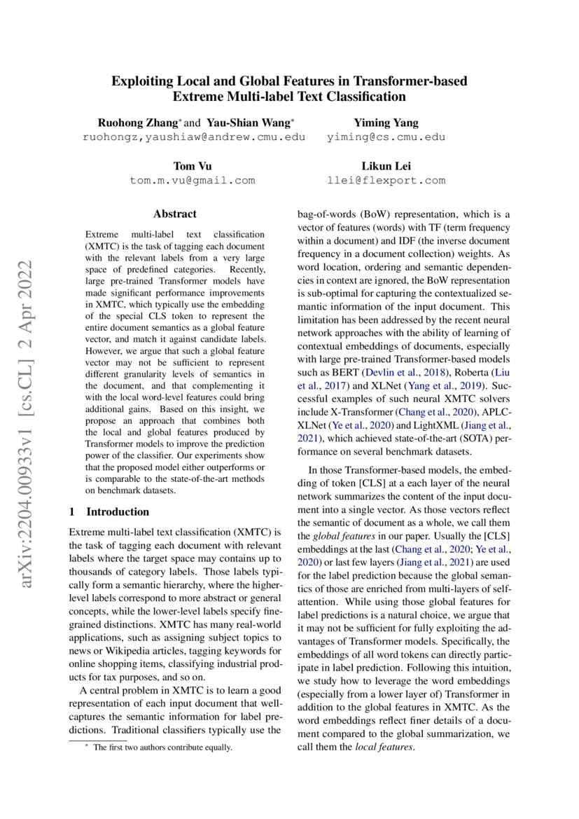 Exploiting Local and Global Features in Transformer-based Extreme Multi-label Text ...
