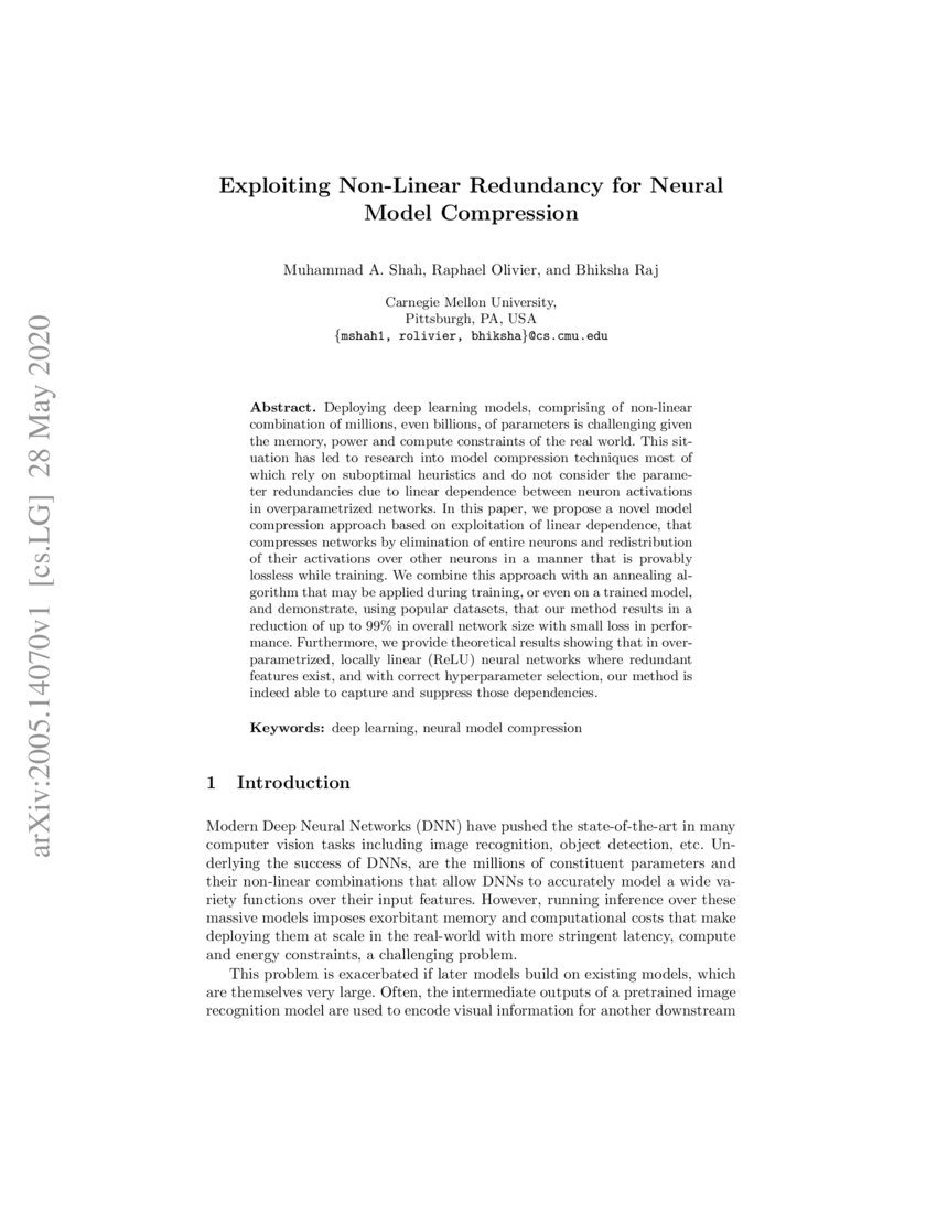 Exploiting Non Linear Redundancy For Neural Model Compression Deepai