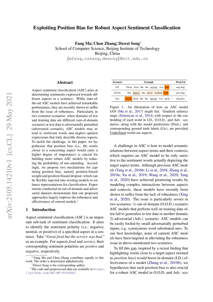Exploiting Position Bias for Robust Aspect Sentiment Classification | DeepAI