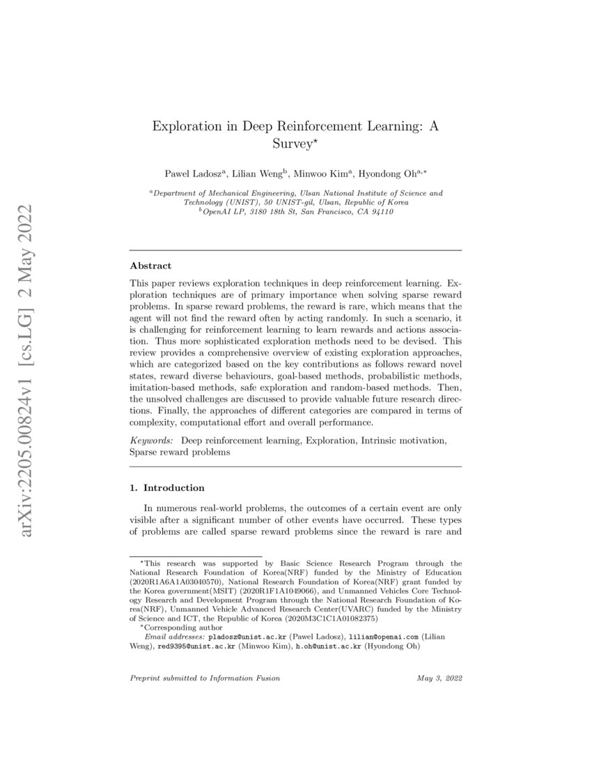Exploration In Deep Reinforcement Learning A Survey Deepai