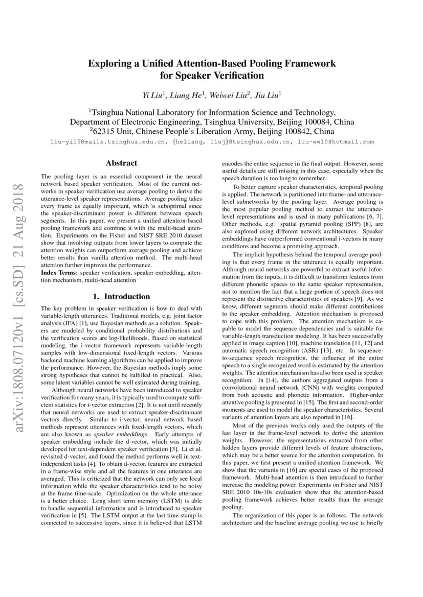 Exploring A Unified Attention Based Pooling Framework For Speaker Verification Deepai