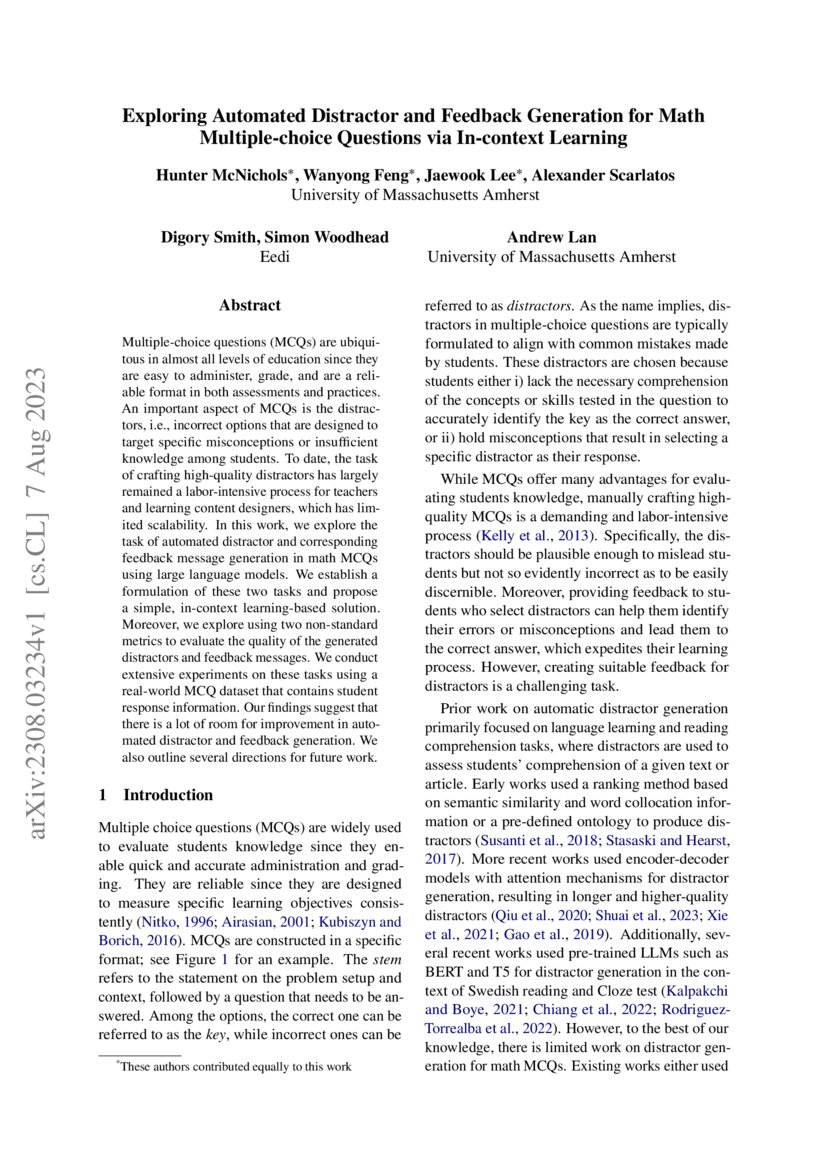 Exploring Automated Distractor And Feedback Generation For Math Multiple Choice Questions Via In