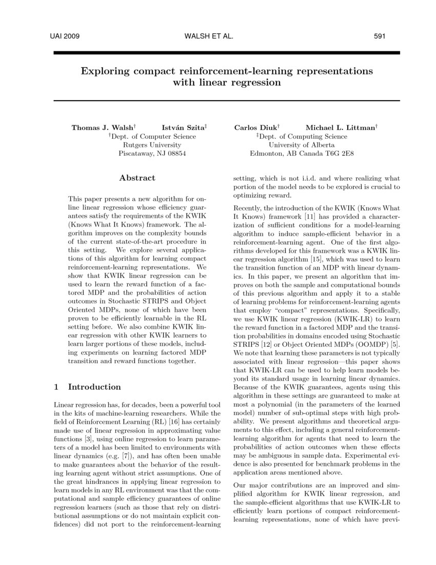 Exploring compact reinforcement-learning representations with linear regression | DeepAI