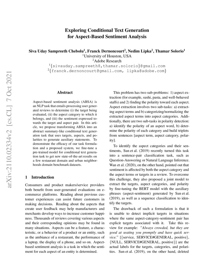 Exploring Conditional Text Generation for Aspect-Based Sentiment Analysis | DeepAI