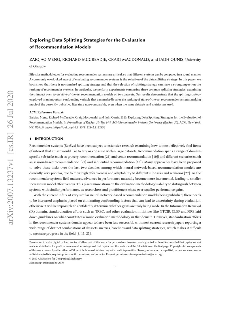 Exploring Data Splitting Strategies for the Evaluation of Recommendation Models | DeepAI