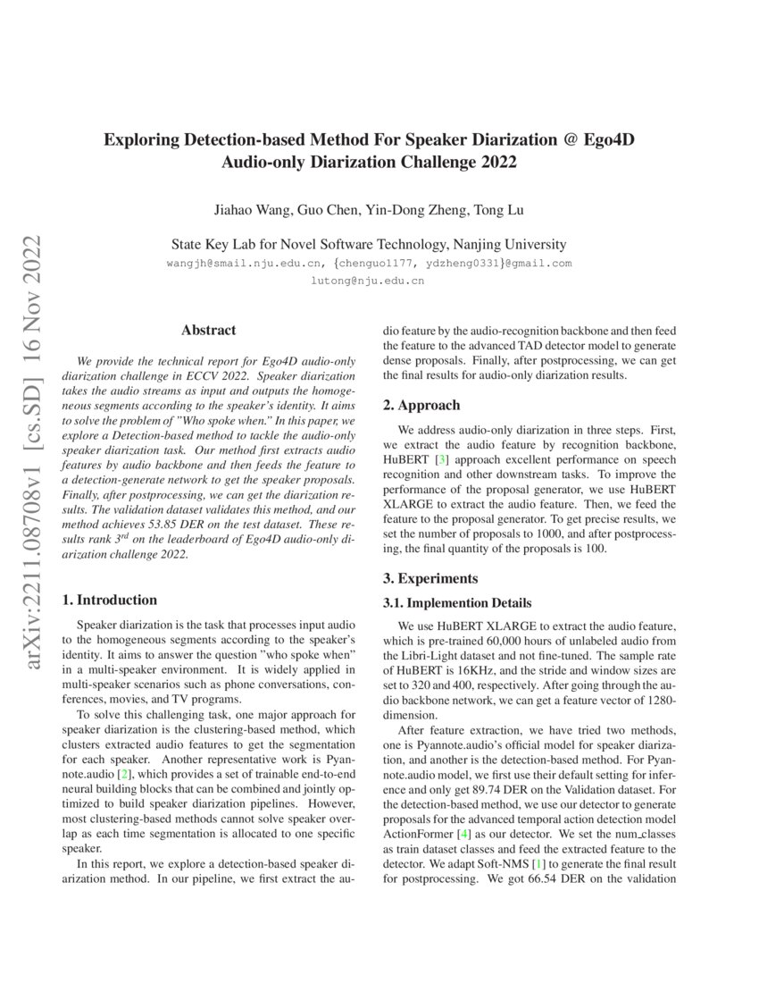 Exploring Detection Based Method For Speaker Diarization Ego4d Audio Only Diarization