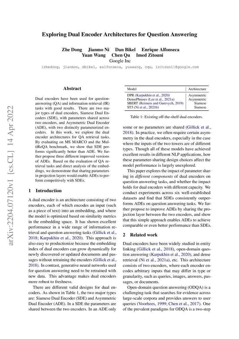 Exploring Dual Encoder Architectures For Question Answering Deepai