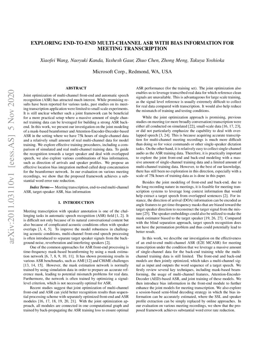 Exploring End-to-End Multi-channel ASR with Bias Information for Meeting Transcription | DeepAI