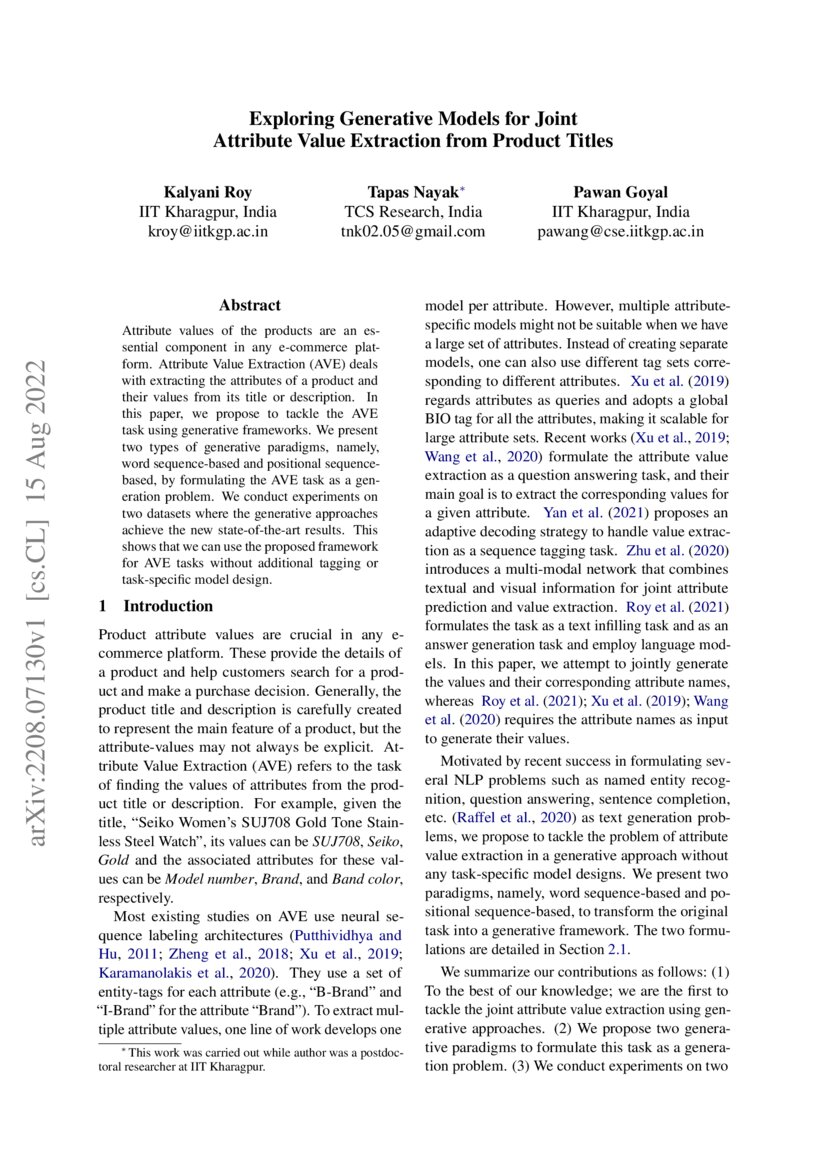Exploring Generative Models For Joint Attribute Value Extraction From Product Titles Deepai