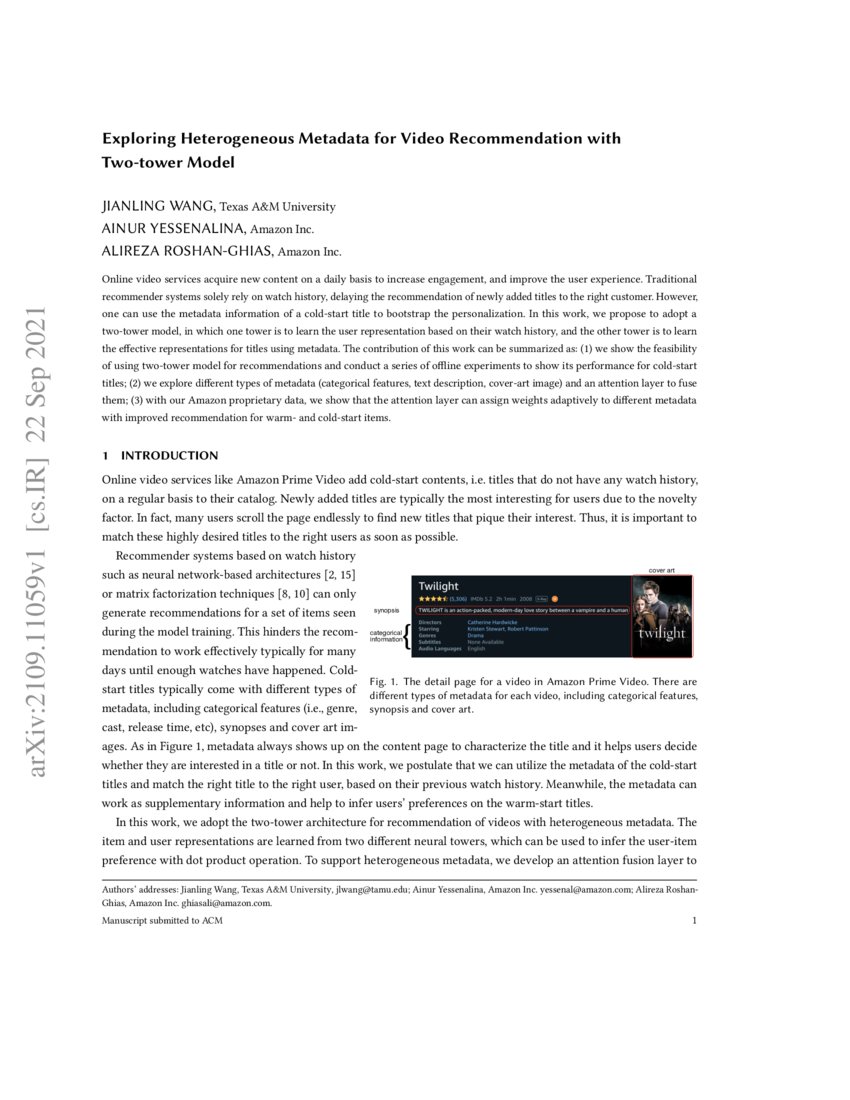 Exploring Heterogeneous Metadata for Video Recommendation with Two ...