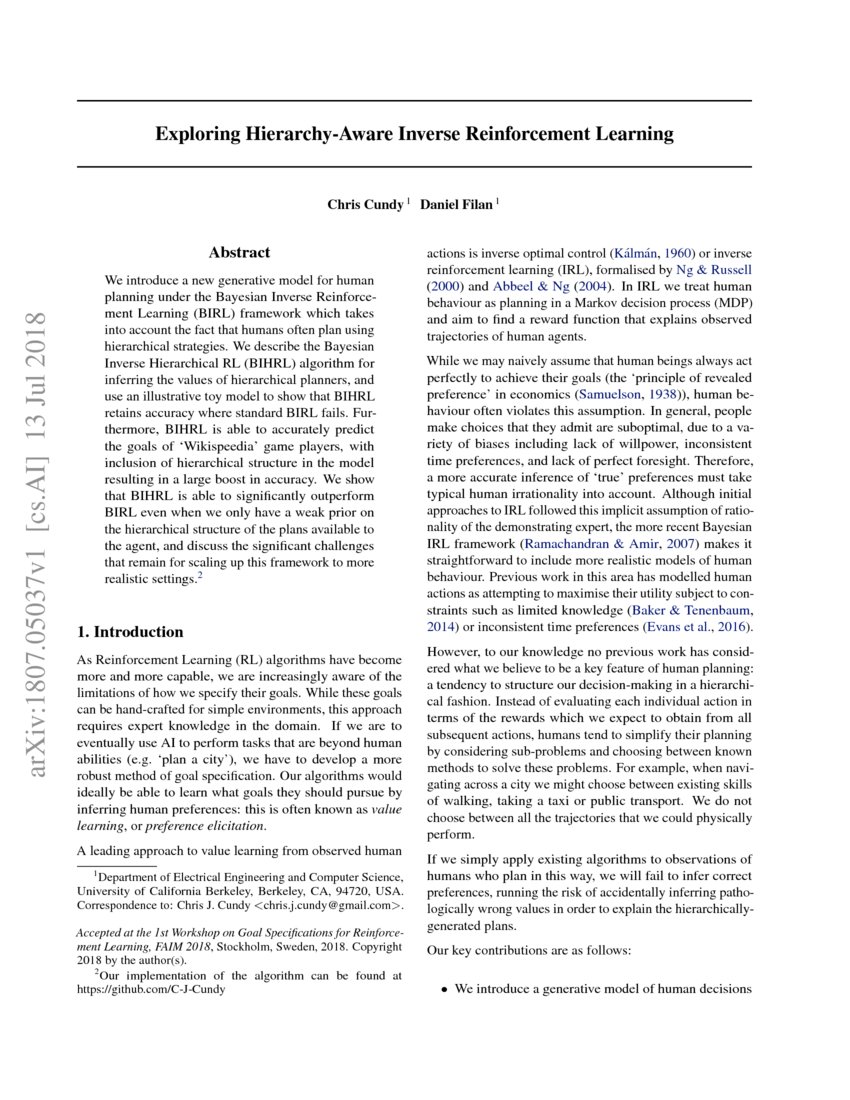 Exploring Hierarchy-Aware Inverse Reinforcement Learning | DeepAI Exploring Hierarchy-Aware Inverse Reinforcement Learning | DeepAI