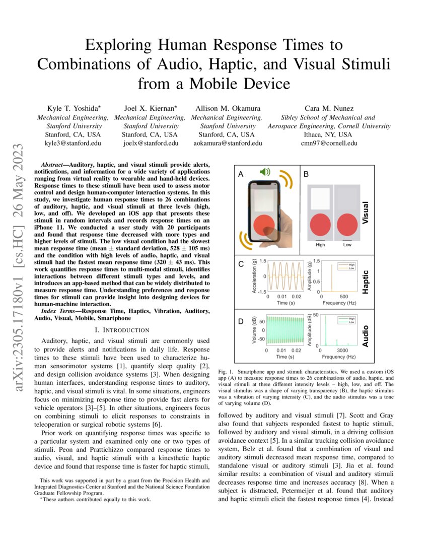 Exploring Human Response Times To Combinations Of Audio Haptic And