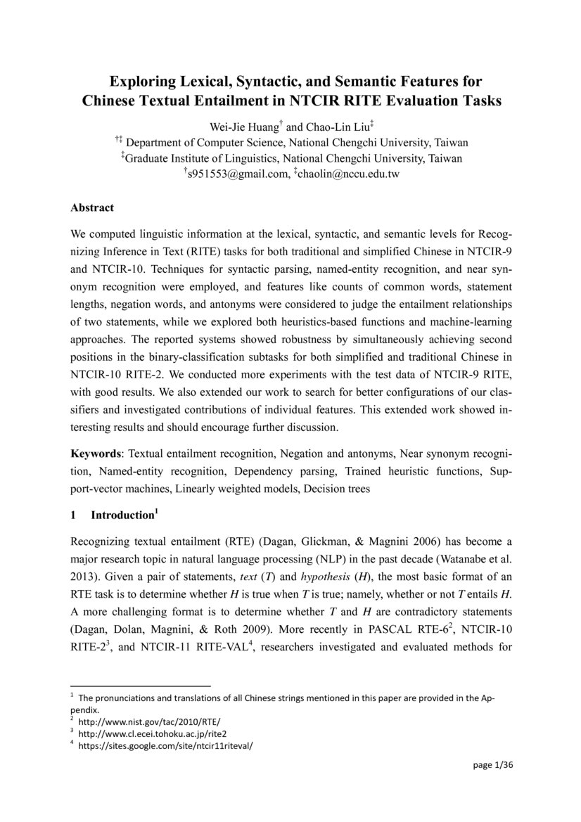 Exploring Lexical Syntactic And Semantic Features For Chinese Textual Entailment In Ntcir Rite