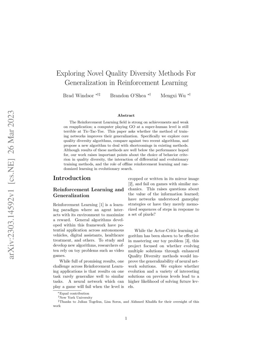 Exploring Novel Quality Diversity Methods For Generalization in Reinforcement Learning | DeepAI