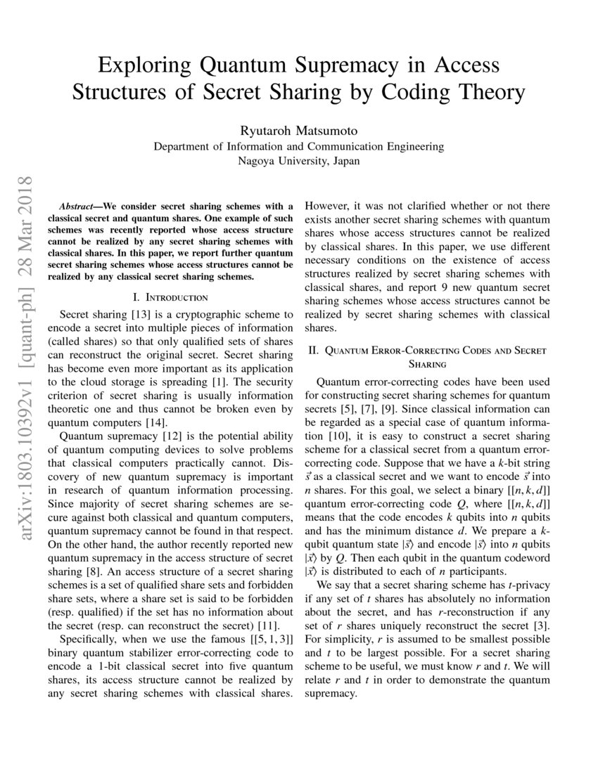 Exploring Quantum Supremacy in Access Structures of Secret Sharing by ... Exploring Quantum Supremacy in Access Structures of Secret Sharing by ...