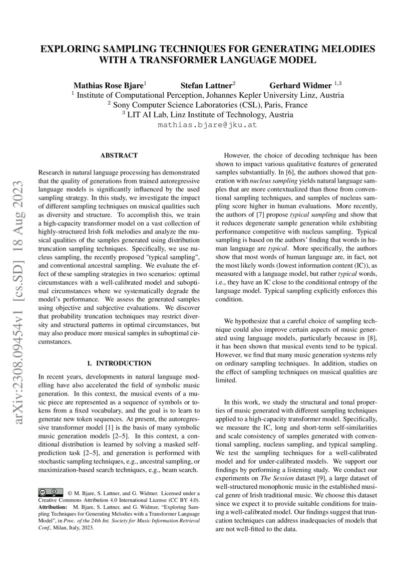 Exploring Sampling Techniques for Generating Melodies with a Transformer Language Model | DeepAI
