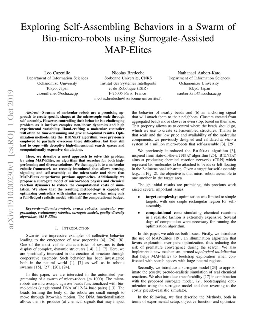 Exploring Self Assembling Behaviors In A Swarm Of Bio Micro Robots Using Surrogate Assisted Map