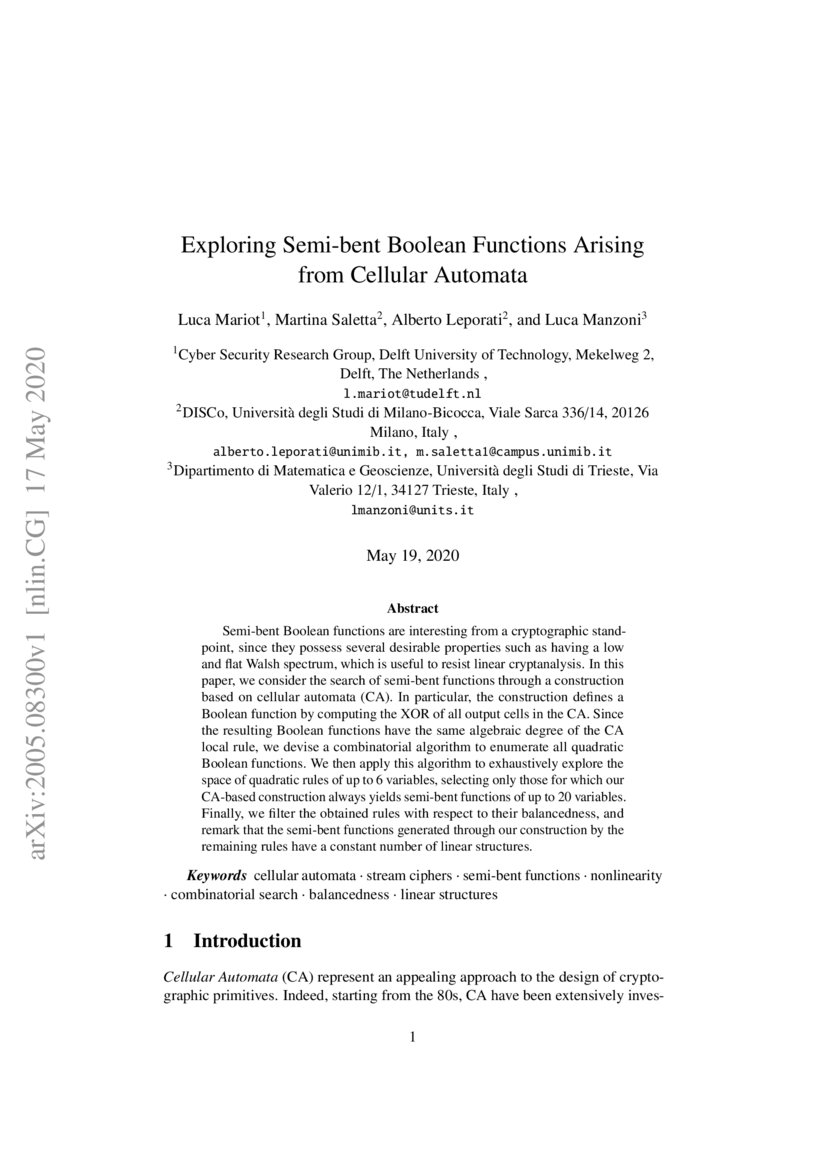 Exploring Semi-bent Boolean Functions Arising from Cellular Automata | DeepAI