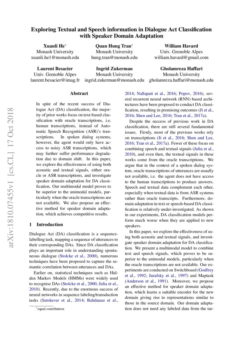 Exploring Textual And Speech Information In Dialogue Act Classification With Speaker Domain
