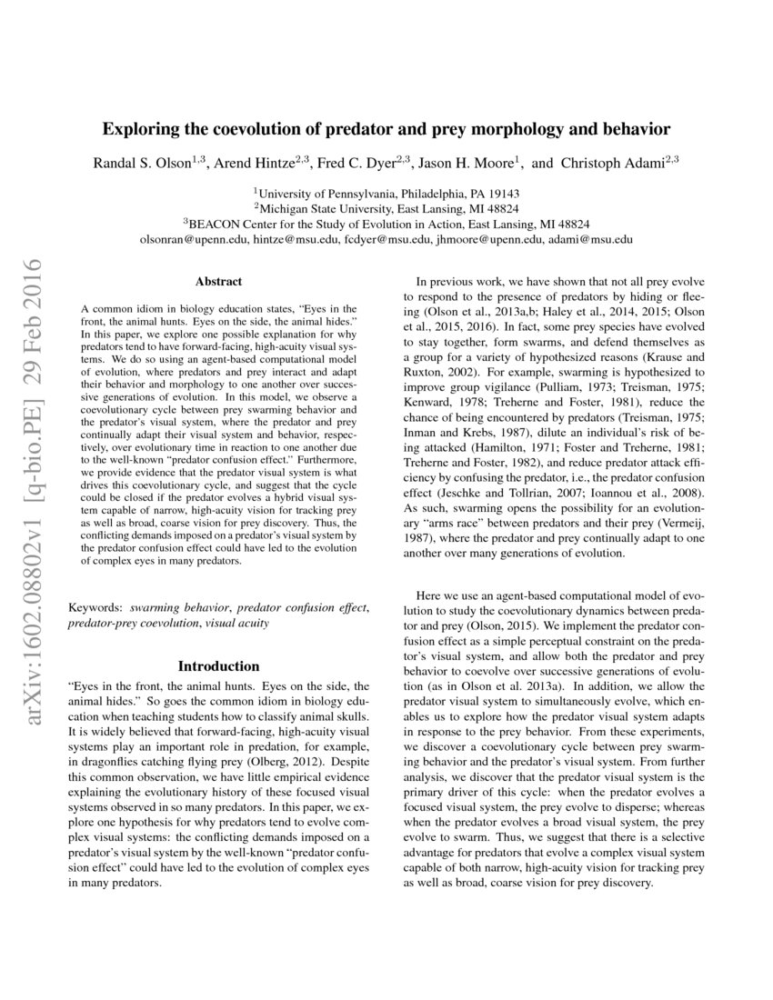 Exploring the coevolution of predator and prey morphology and behavior ...