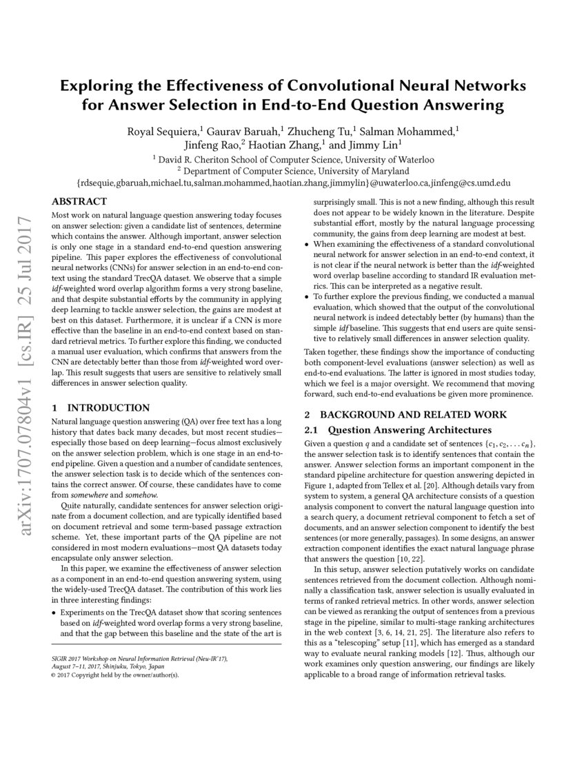 Exploring The Effectiveness Of Convolutional Neural Networks For Answer Selection In End To End