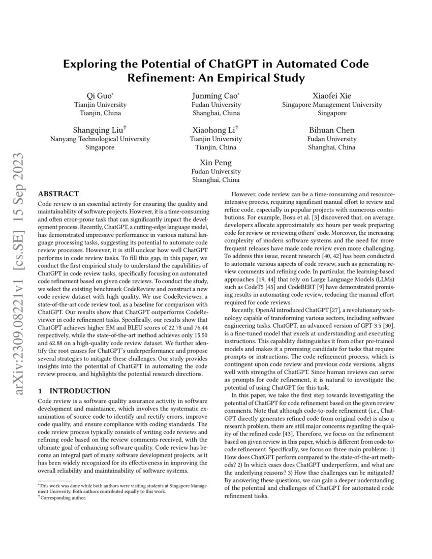 Exploring the Potential of ChatGPT in Automated Code Refinement: An Empirical Study | DeepAI