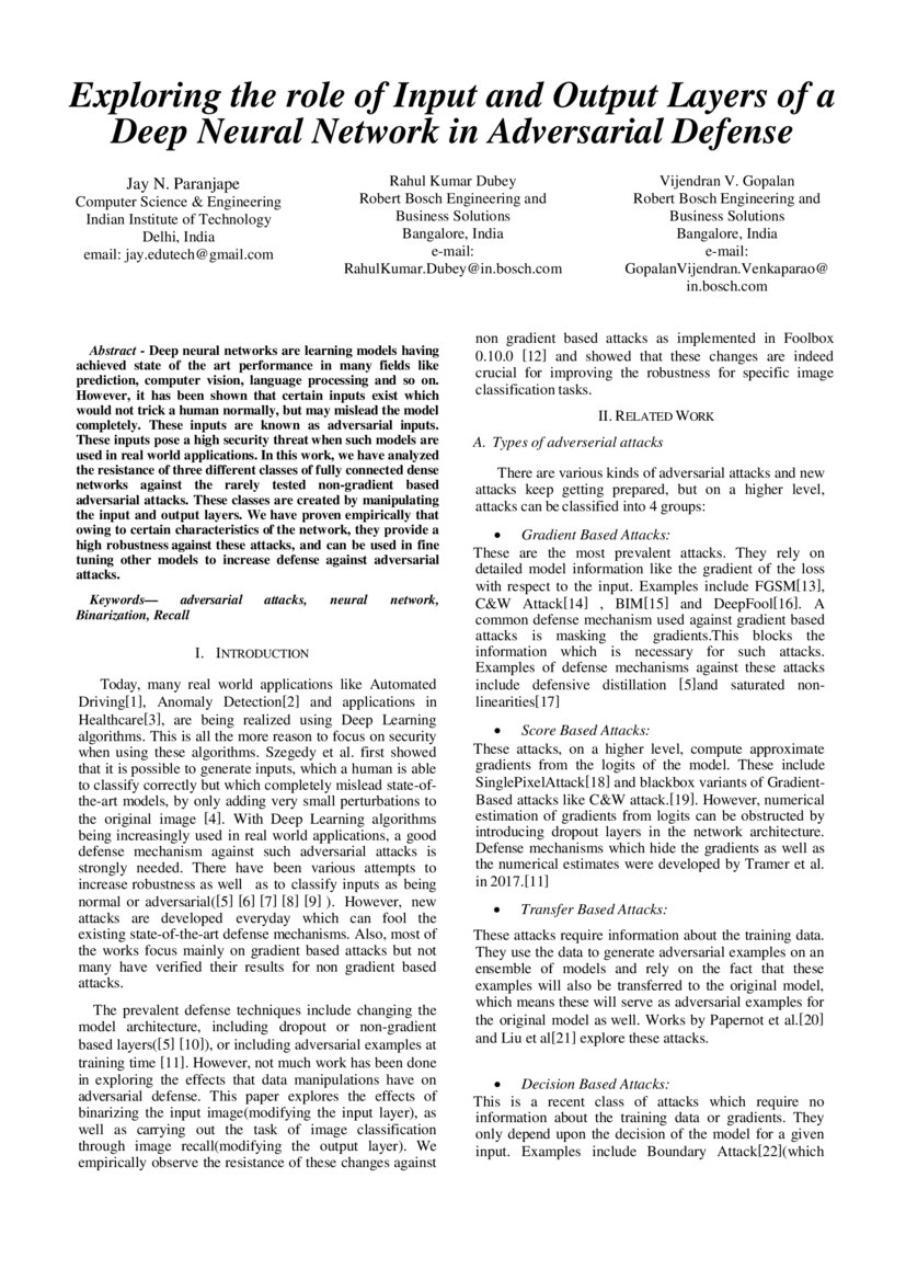 Exploring the role of Input and Output Layers of a Deep Neural Network in Adversarial Defense ...