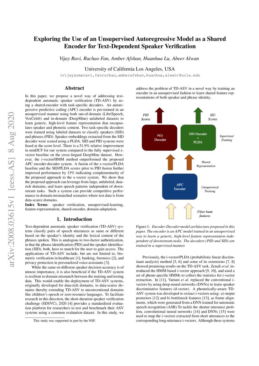 Exploring the Use of an Unsupervised Autoregressive Model as a Shared Encoder for Text-Dependent ...