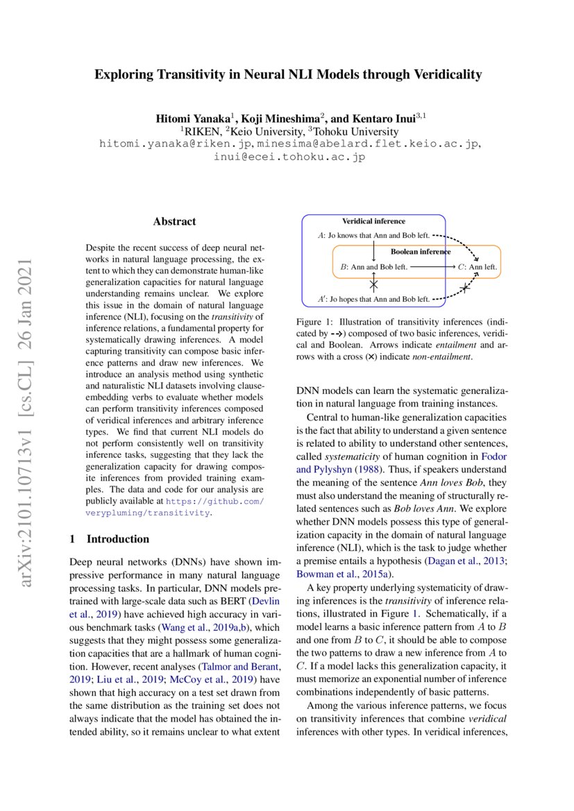Exploring Transitivity in Neural NLI Models through Veridicality | DeepAI