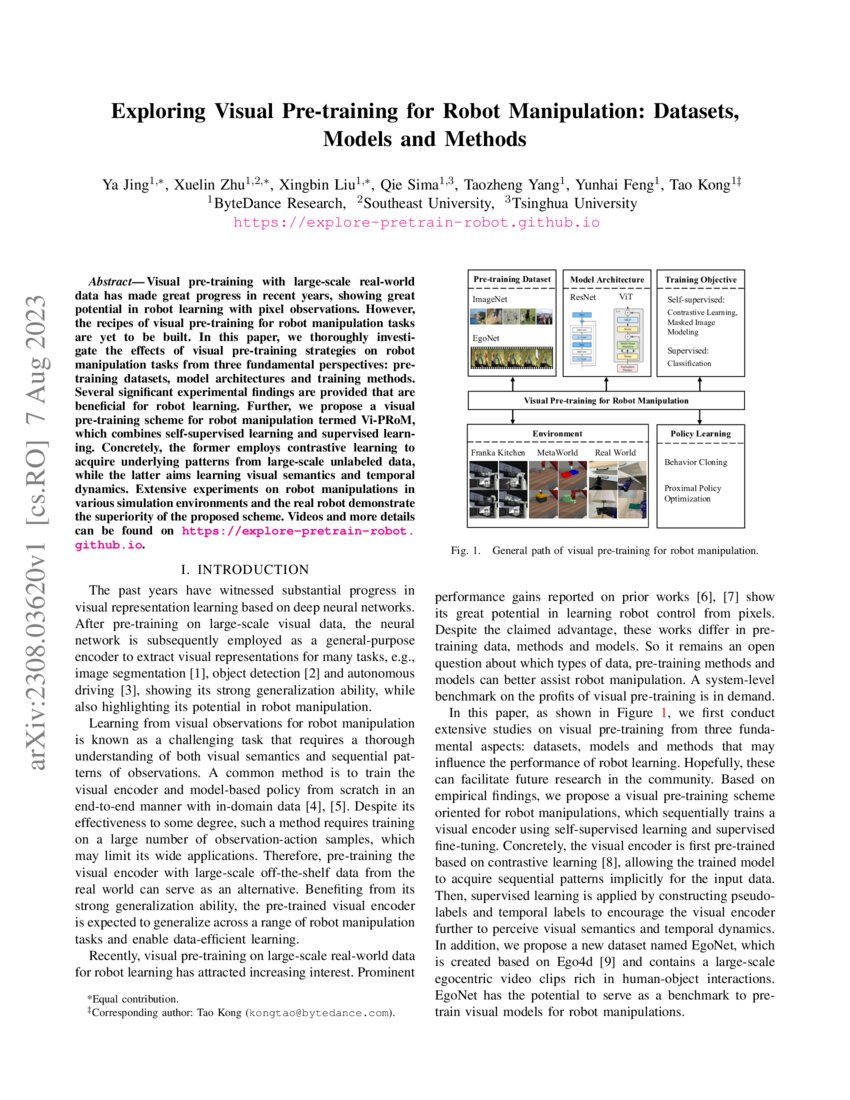 Exploring Visual Pre-training for Robot Manipulation: Datasets, Models ... Exploring Visual Pre-training for Robot Manipulation: Datasets, Models ...