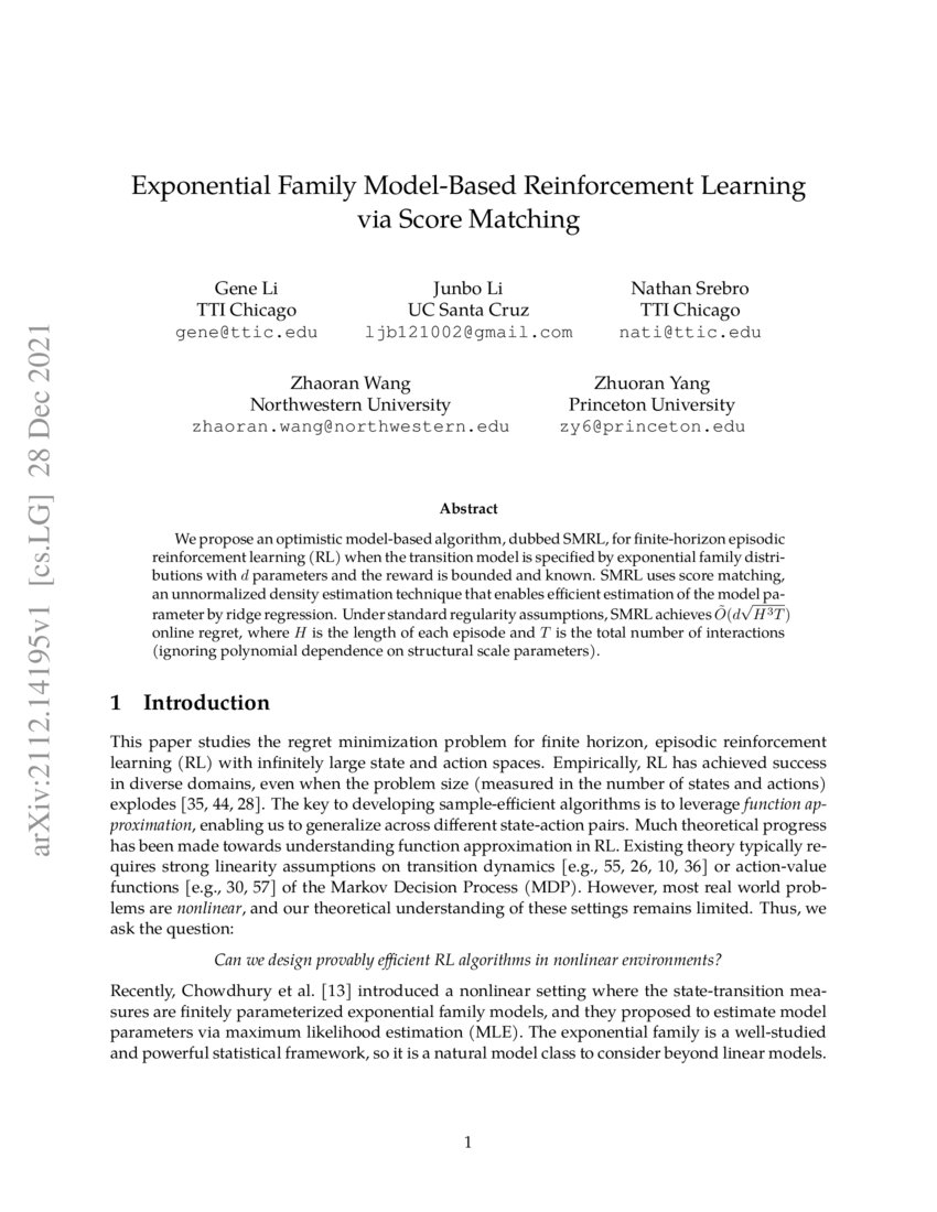 Exponential Family Model-Based Reinforcement Learning via Score Matching | DeepAI