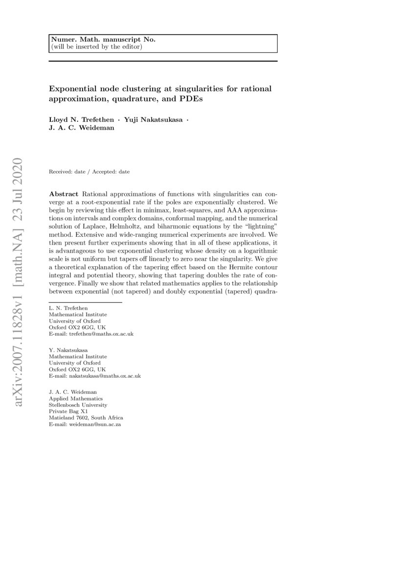 Exponential Node Clustering At Singularities For Rational Approximation Quadrature And Pdes