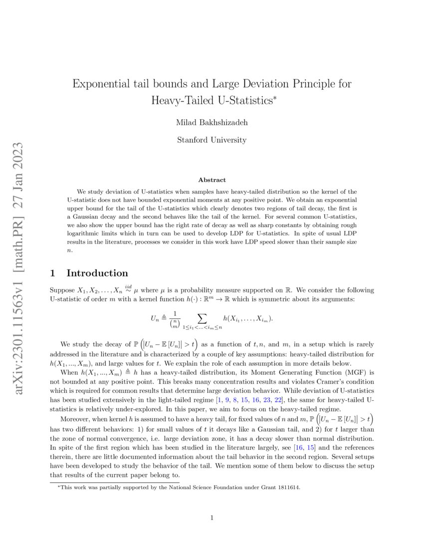 Exponential Tail Bounds And Large Deviation Principle For Heavy Tailed