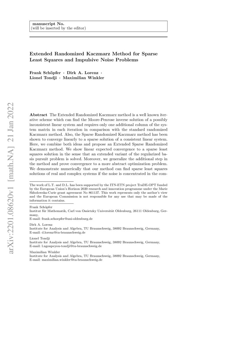 Extended Randomized Kaczmarz Method For Sparse Least Squares And Impulsive Noise Problems Deepai 