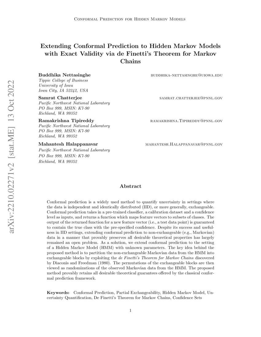Extending Conformal Prediction To Hidden Markov Models With Exact Validity Via De Finetti S