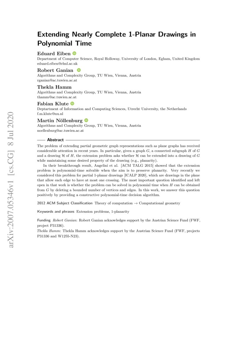 Extending Nearly Complete 1-Planar Drawings in Polynomial Time | DeepAI