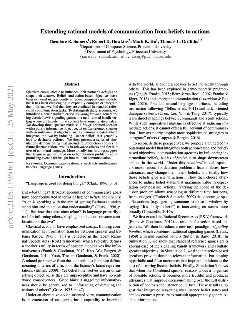 Extending rational models of communication from beliefs to actions | DeepAI