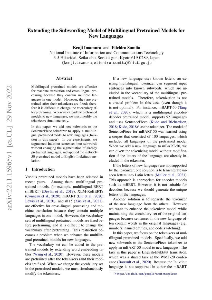 Extending the Subwording Model of Multilingual Pretrained Models for New Languages | DeepAI