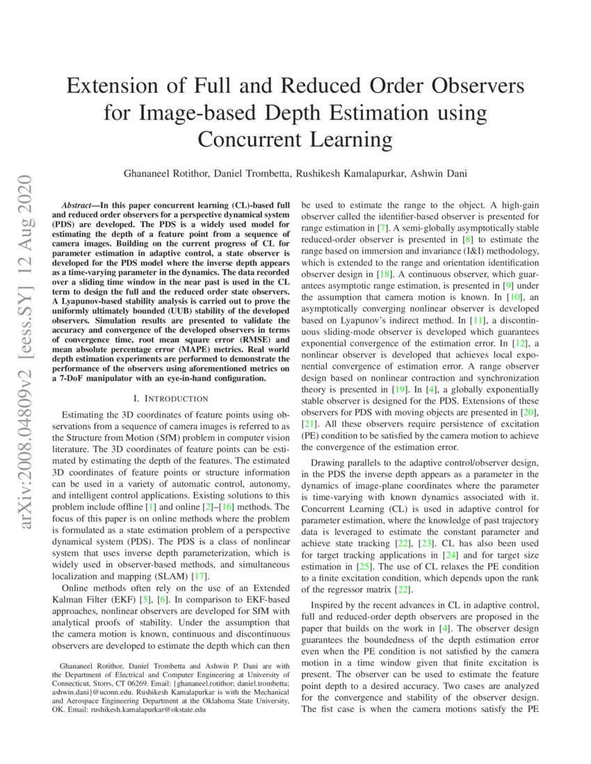 Extension Of Full And Reduced Order Observers For Image Based Depth Estimation Using Concurrent