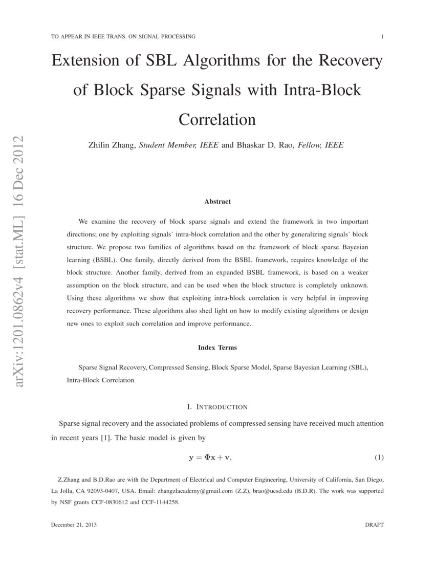 Extension of SBL Algorithms for the Recovery of Block Sparse Signals with Intra-Block ...