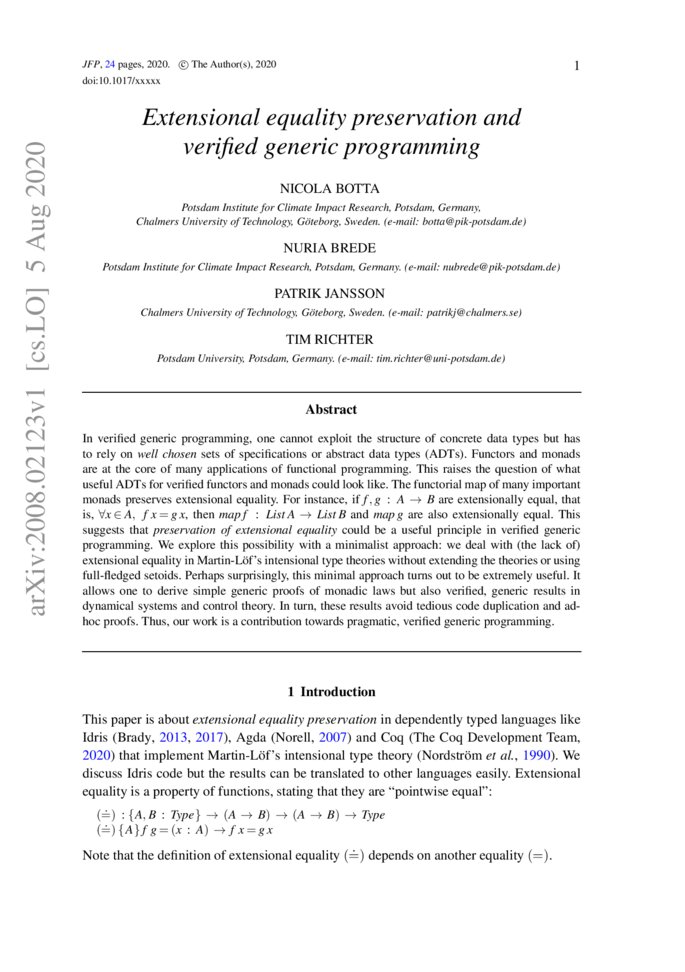 Extensional equality preservation and verified generic programming | DeepAI