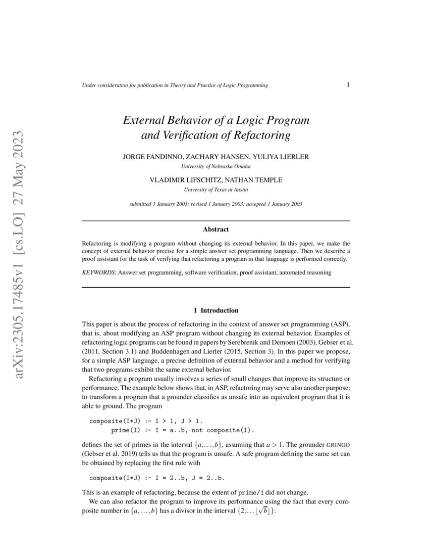 External Behavior Of A Logic Program And Verification Of Refactoring Deepai