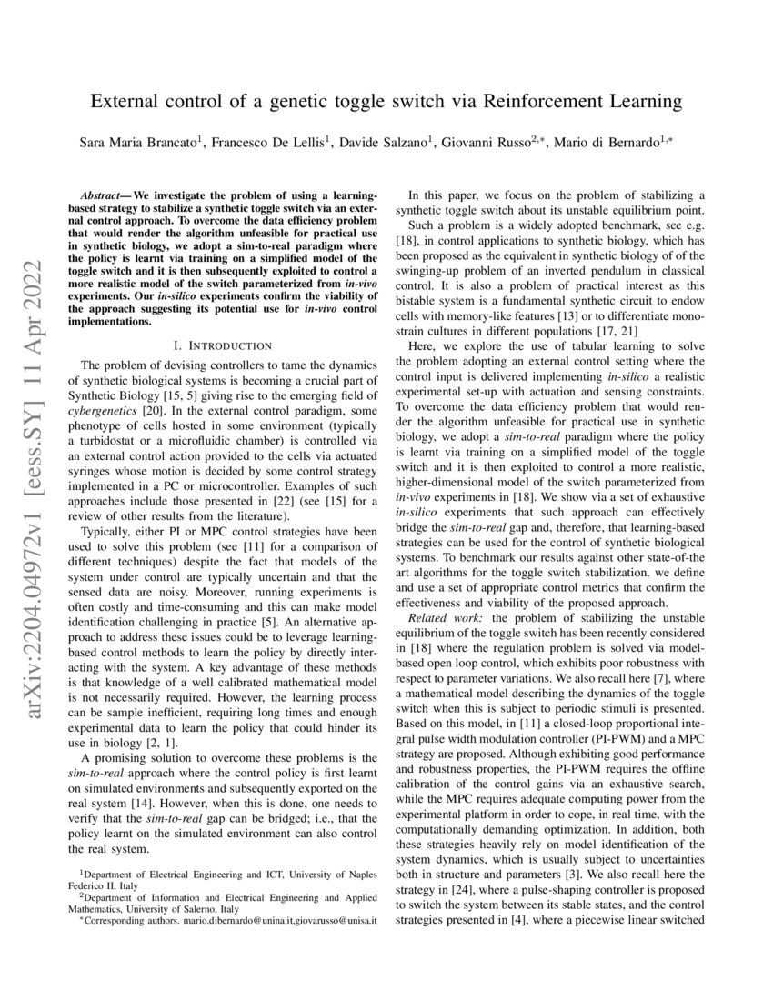 External control of a genetic toggle switch via Reinforcement Learning ...