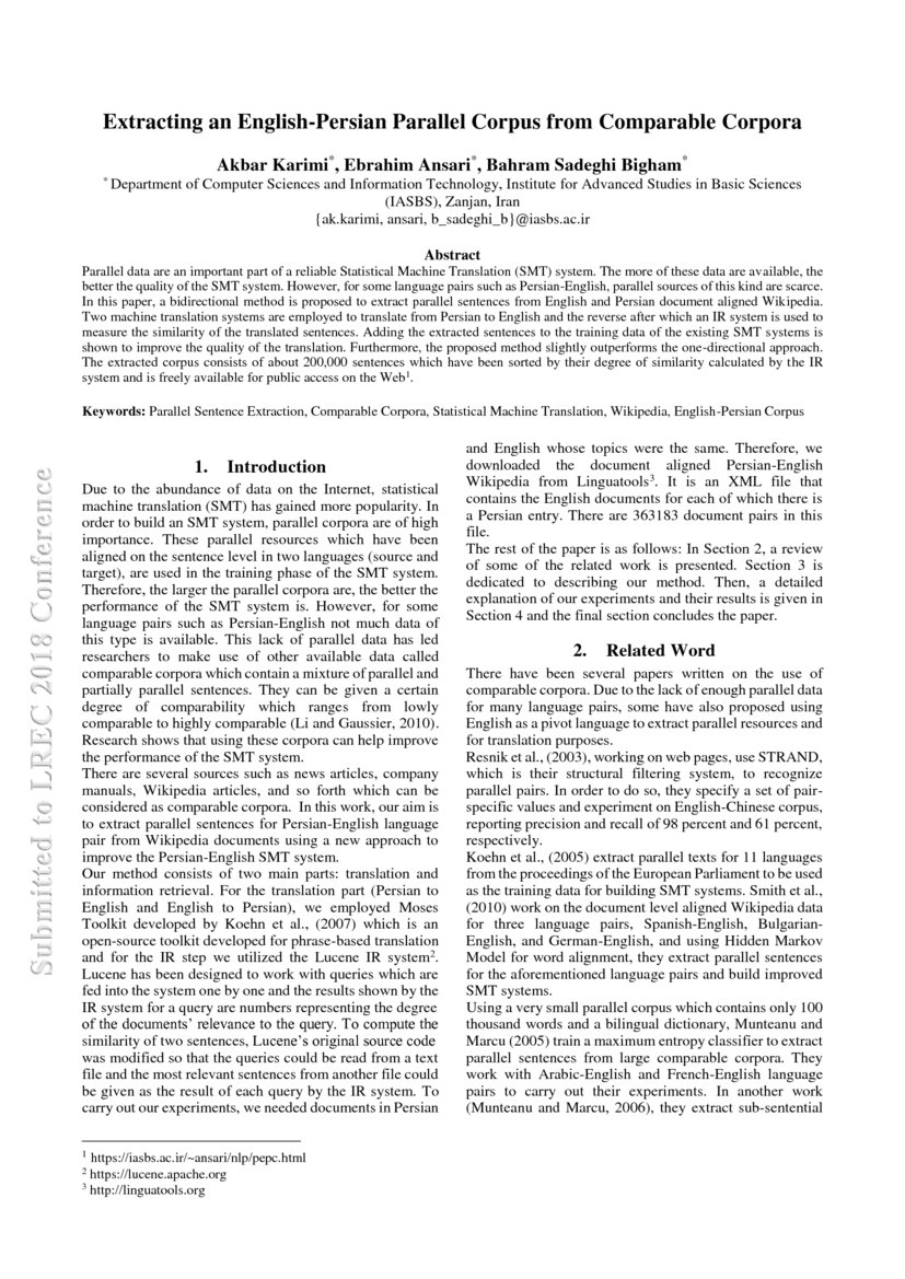 Extracting an English-Persian Parallel Corpus from Comparable Corpora ...