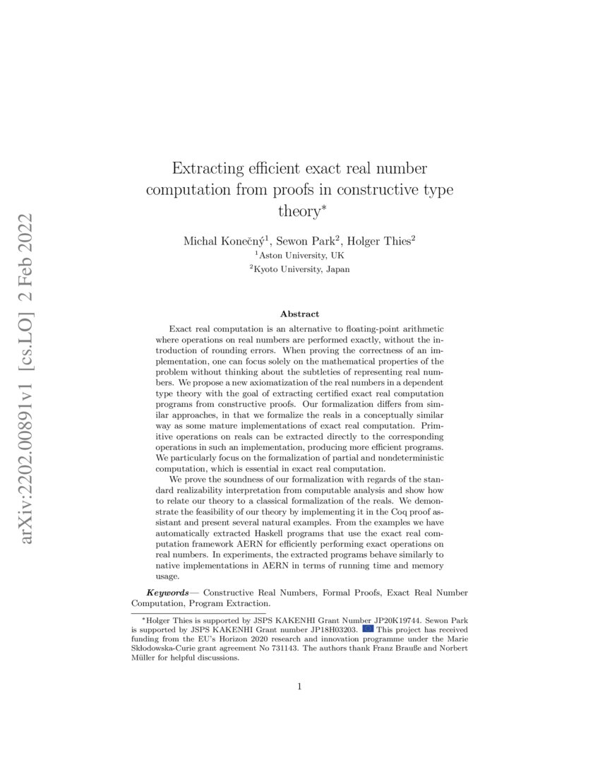 Extracting Efficient Exact Real Number Computation From Proofs In Constructive Type Theory Deepai