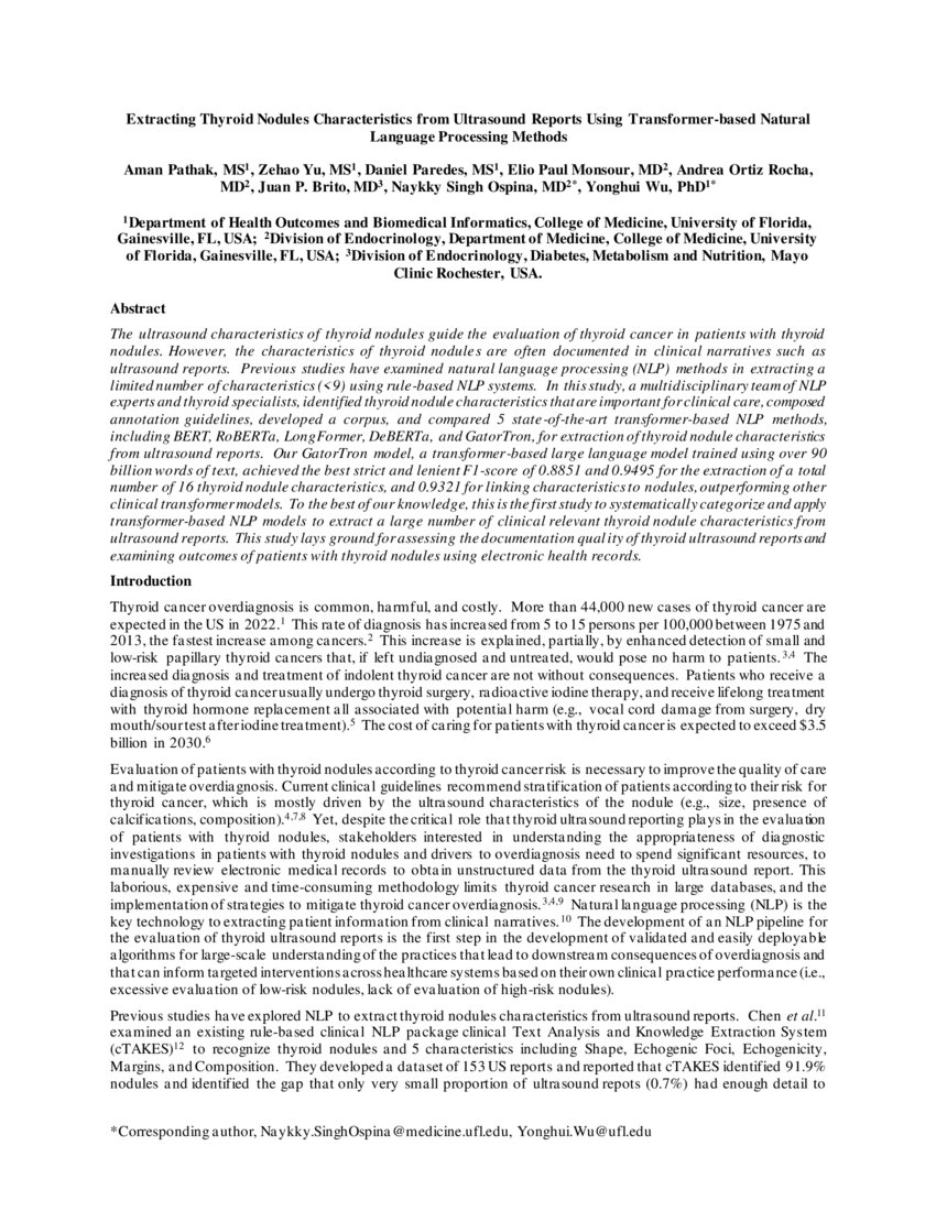Extracting Thyroid Nodules Characteristics From Ultrasound Reports Using Transformer Based