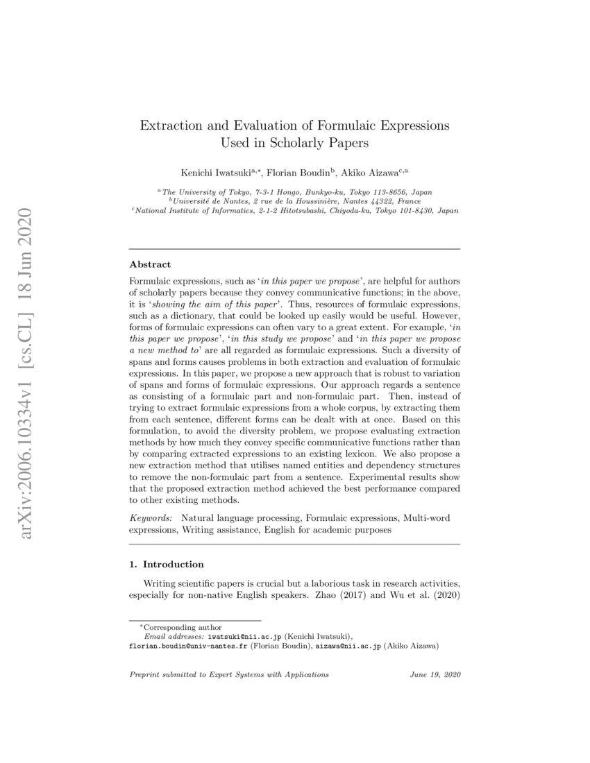 Extraction and Evaluation of Formulaic Expressions Used in Scholarly ...