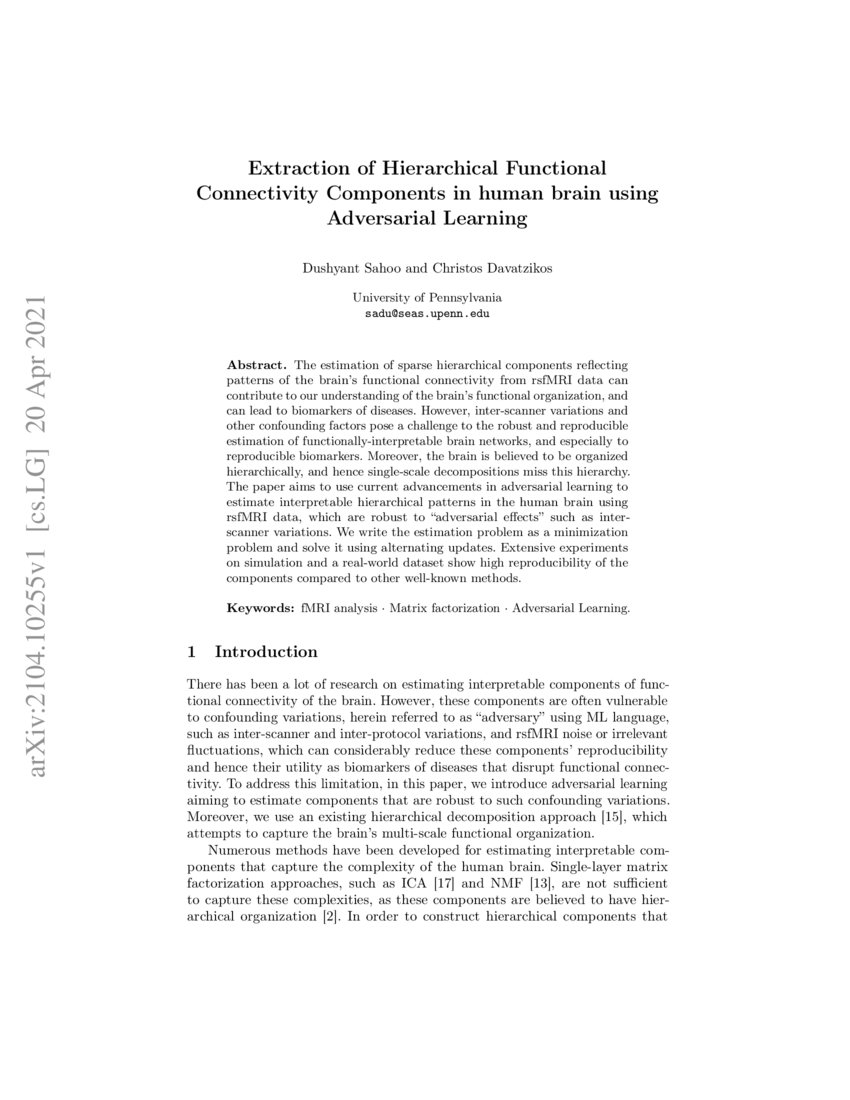 Extraction Of Hierarchical Functional Connectivity Components In Human Brain Using Adversarial