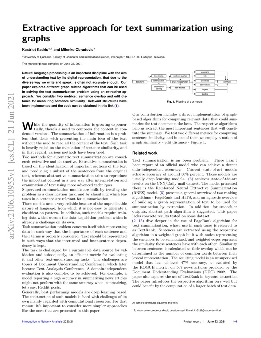 Extractive Approach For Text Summarisation Using Graphs Deepai
